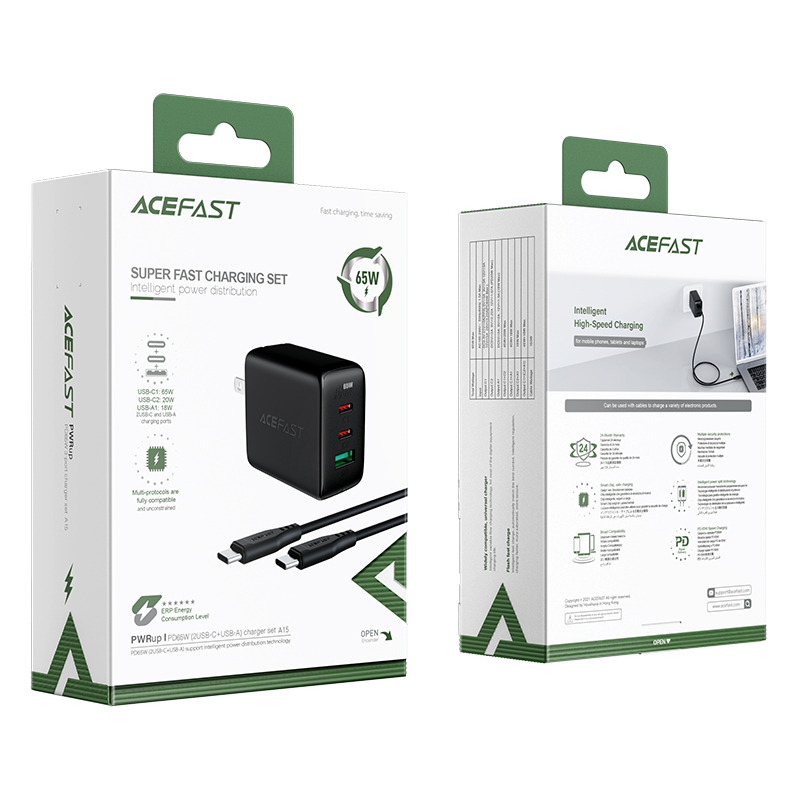 ACEFAST A15 หัวปลั๊กชาร์จเร็ว PD65W (USB-C+USB-C+USB-A) US | Jaymart